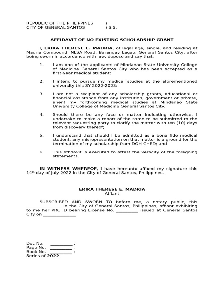 Affidavit of No Scholarship Grant | PDF