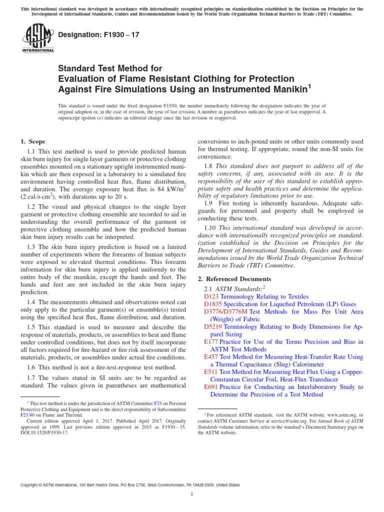 ASTM F1930-17 Standard Test Method For Evaluation of Flame Resistant ...