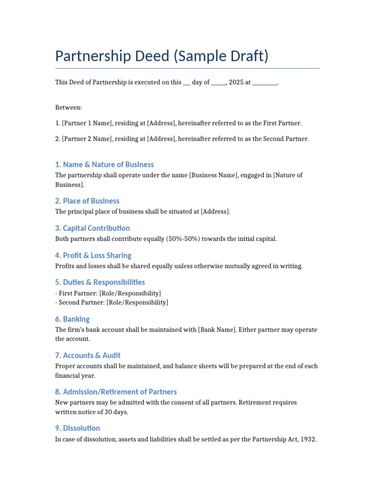 Sample Partnership Deed Template | PDF