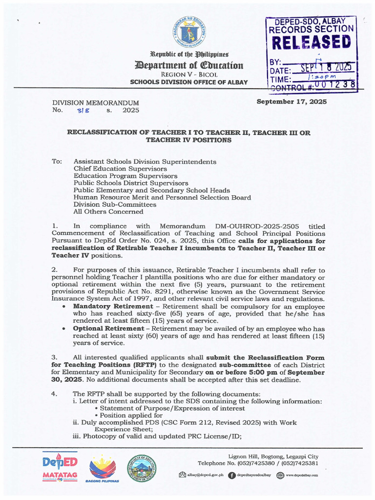 DM 318 S. 2025 Reclassification of Teacher I To Teacher II Teacher III or Teacher IV Positions | PDF