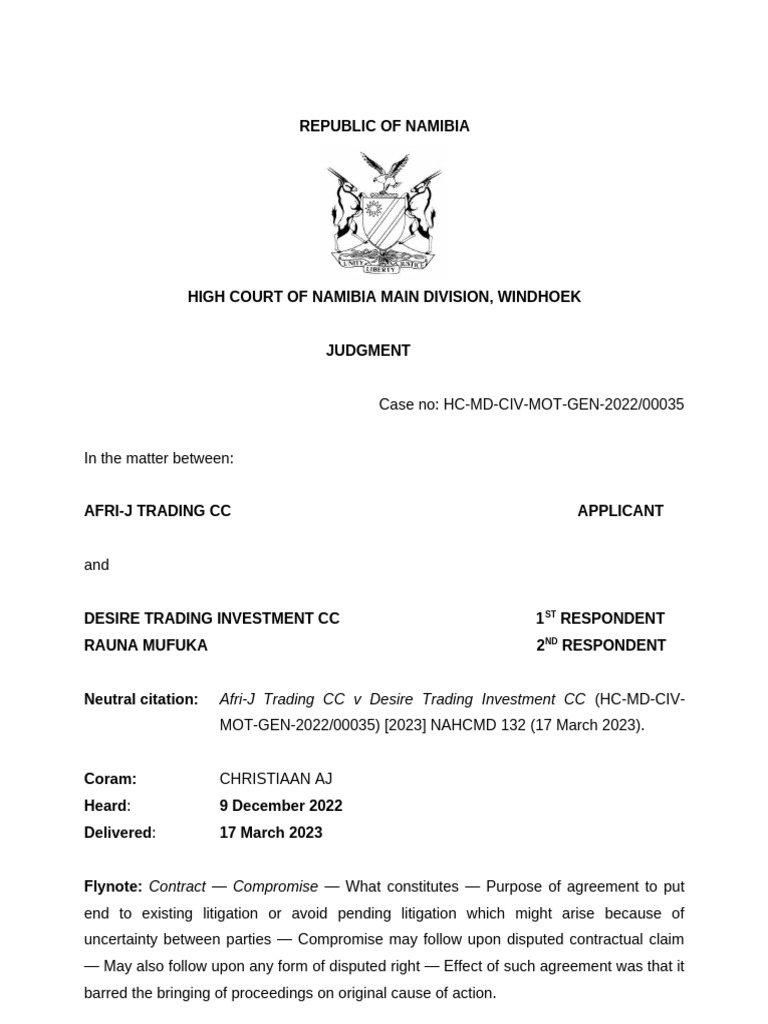 AfriJ Trading CC V Desire Trading Investment CC (HCMDCIVMOTGEN202200035 ...