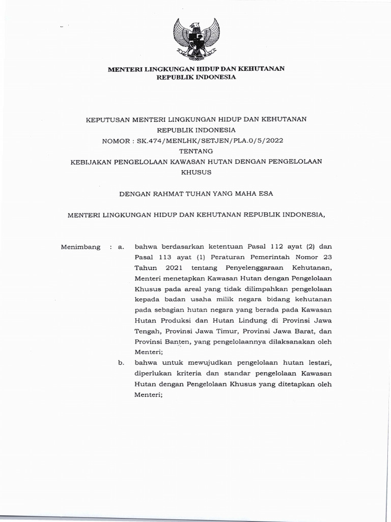 Kepmen LHK Nomor SK.474 Tahun 2022 Kebijakan Pengelolaan KHDPK | PDF