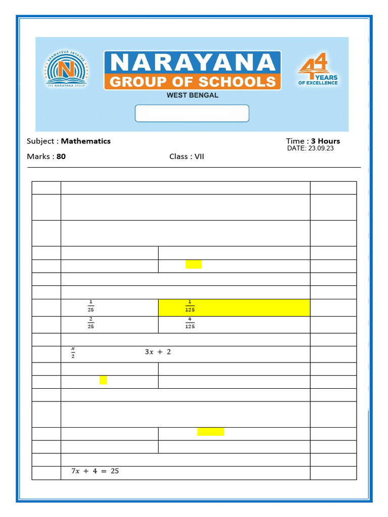 23 09 23 Hy Class-7 Maths Ans Key Set 1 | PDF | Subtraction | Celsius