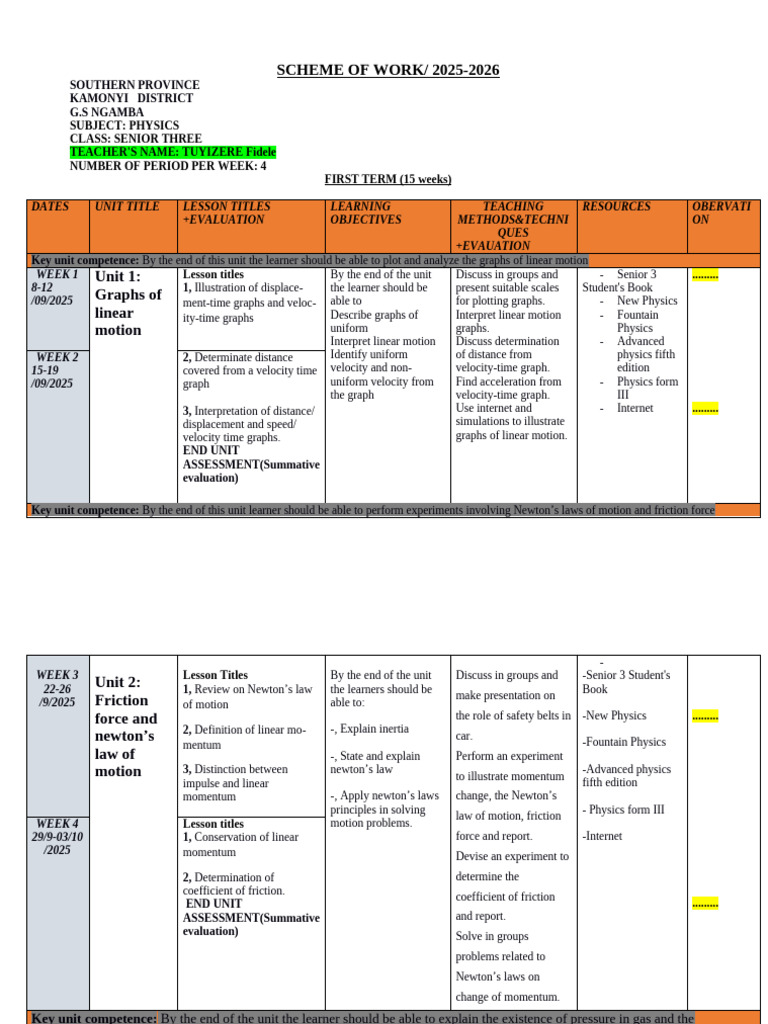 Physics Scheme of Work 2025-2026 | PDF | Heat | Heat Transfer