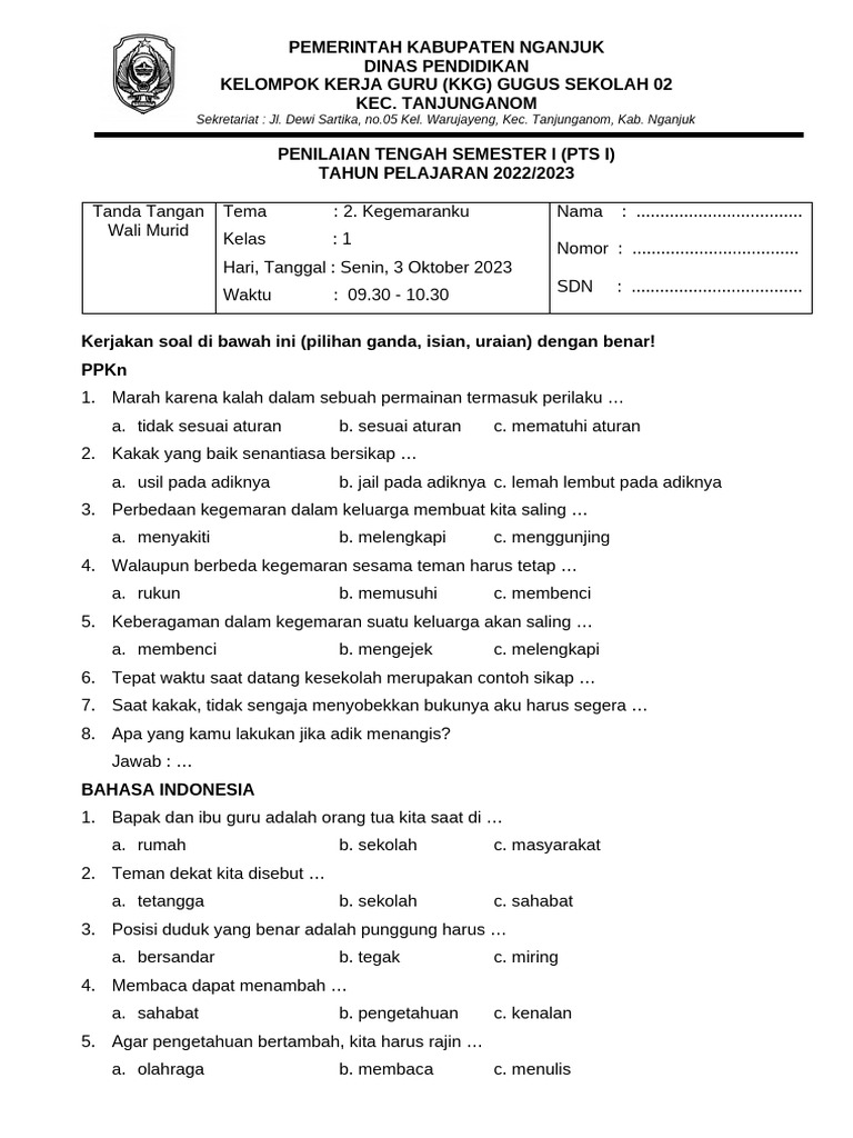 PTS I Kelas 1 Tema Kegemaranku | PDF