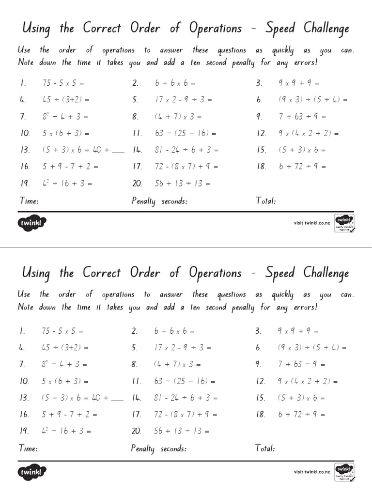Nz2 M 215 Bedmas Order of Operations Speed Challenge Test English Ver 1 ...