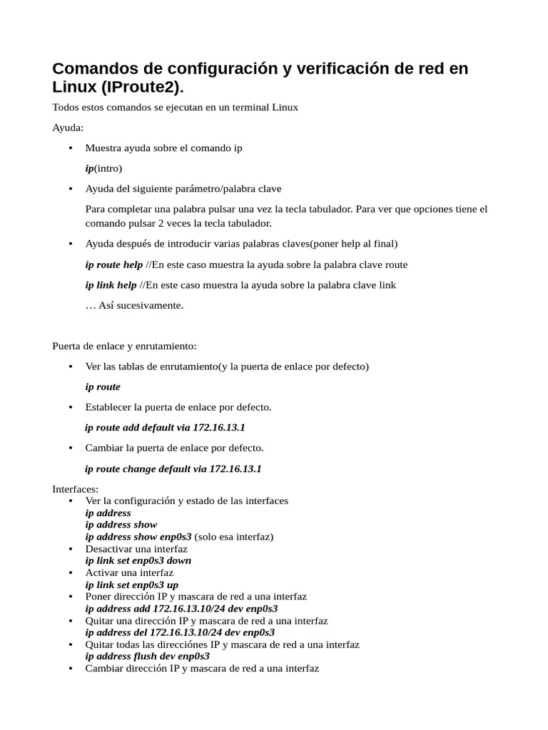 Comandos de configuración y verificacion de red en Linux (IProute2) | PDF | Dirección IP ...
