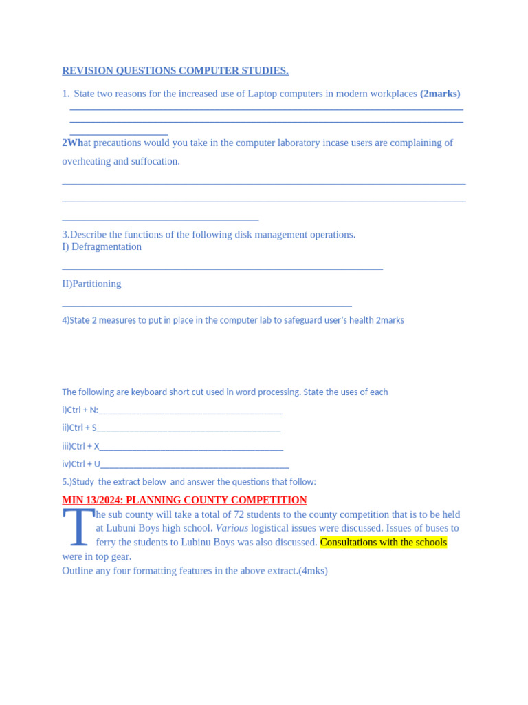 Revision Questions Computer Studies | PDF