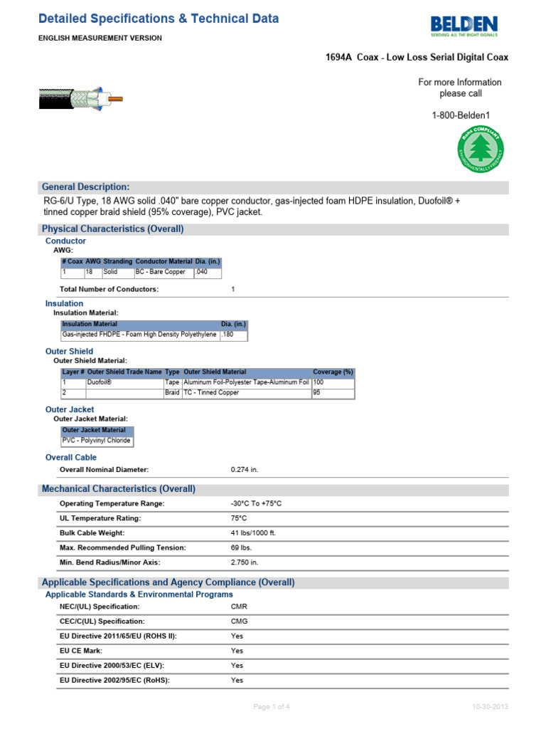 Belden 1694A Data Sheet | PDF | Coaxial Cable | Electrical Engineering