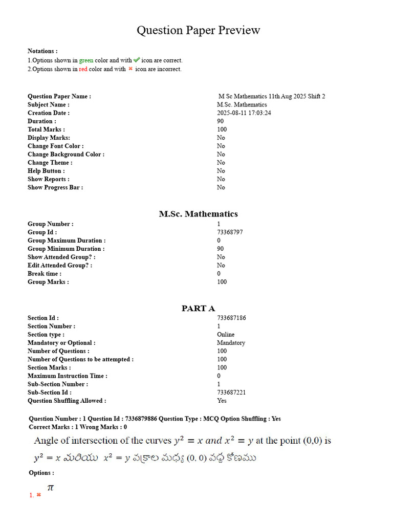 M.Sc. Mathematics Question Paper 2025 | PDF | Multiple Choice ...