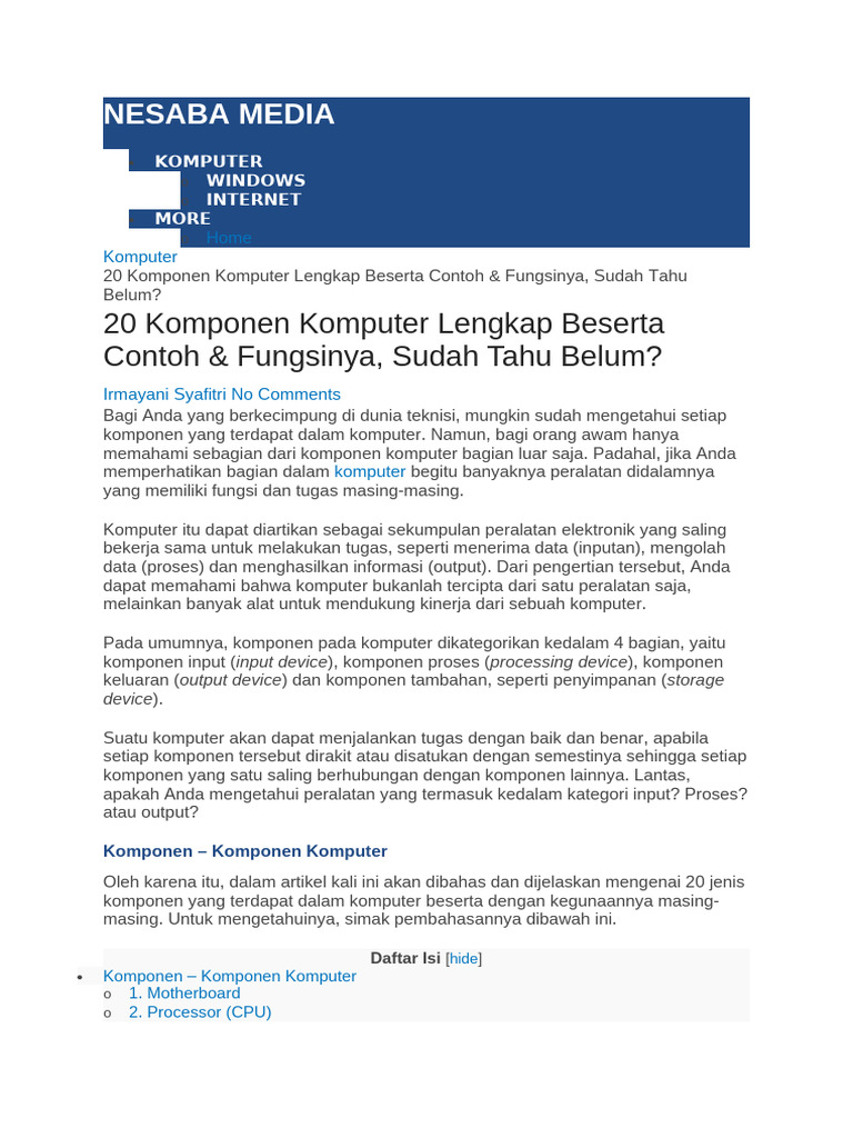 20 Komponen Komputer Beserta Contoh & Fungsinya! (+gambar) | PDF