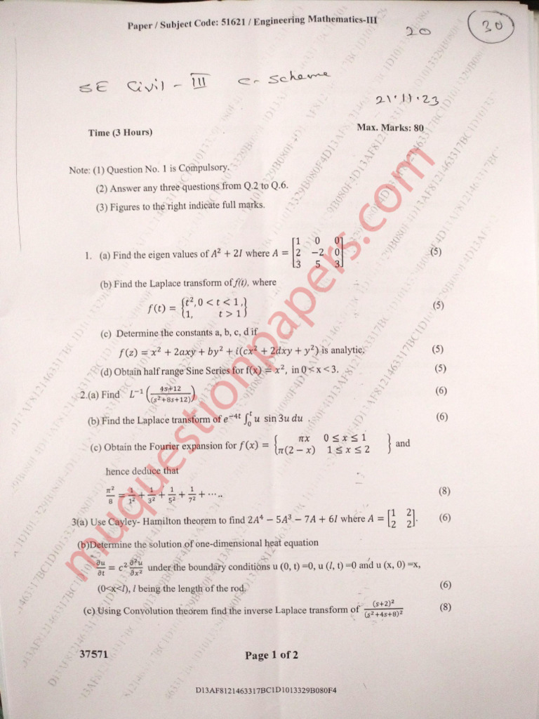 Be Civil Engineering Semester 3 2023 December Engineering Mathematics ...