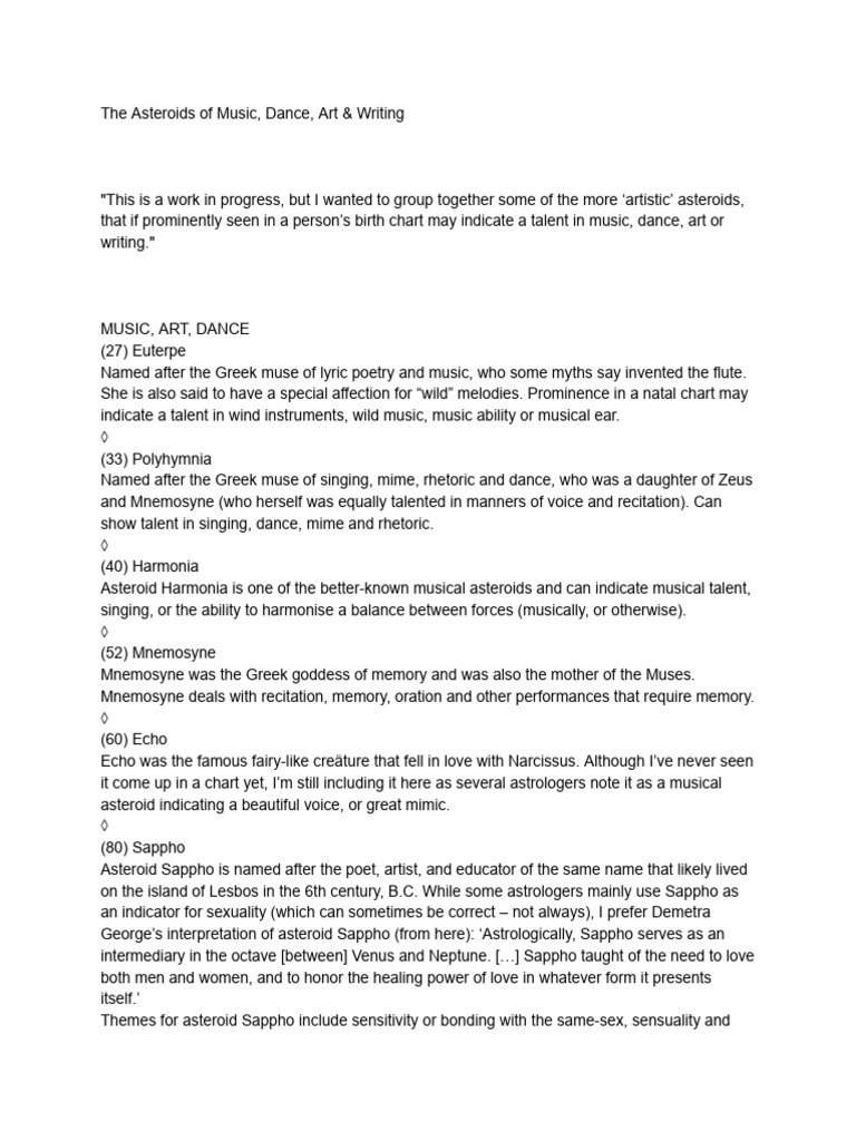 Asteroids of Music Dance Art and Writing | PDF | Muse