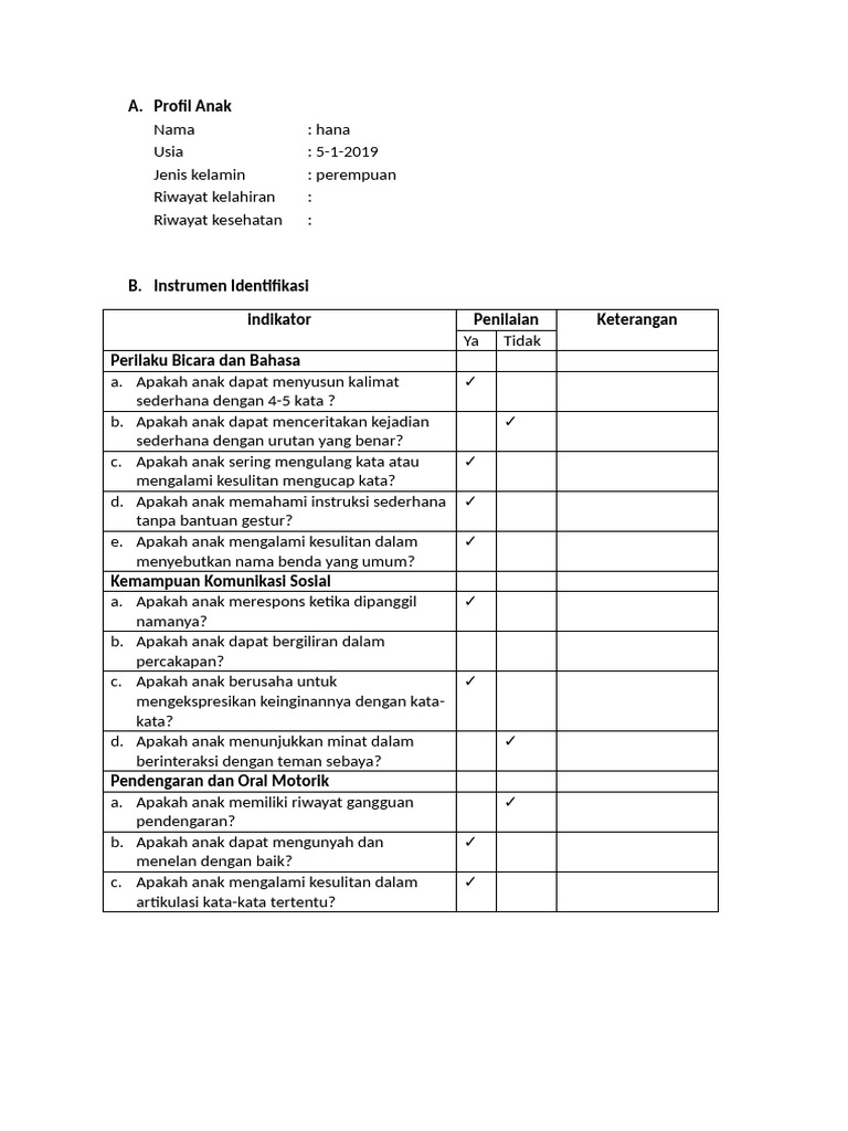 instrumen anak speecdelay | PDF