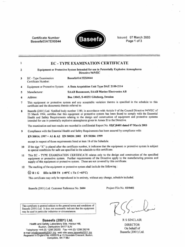 Baseefa 03 ATEX0044 | PDF