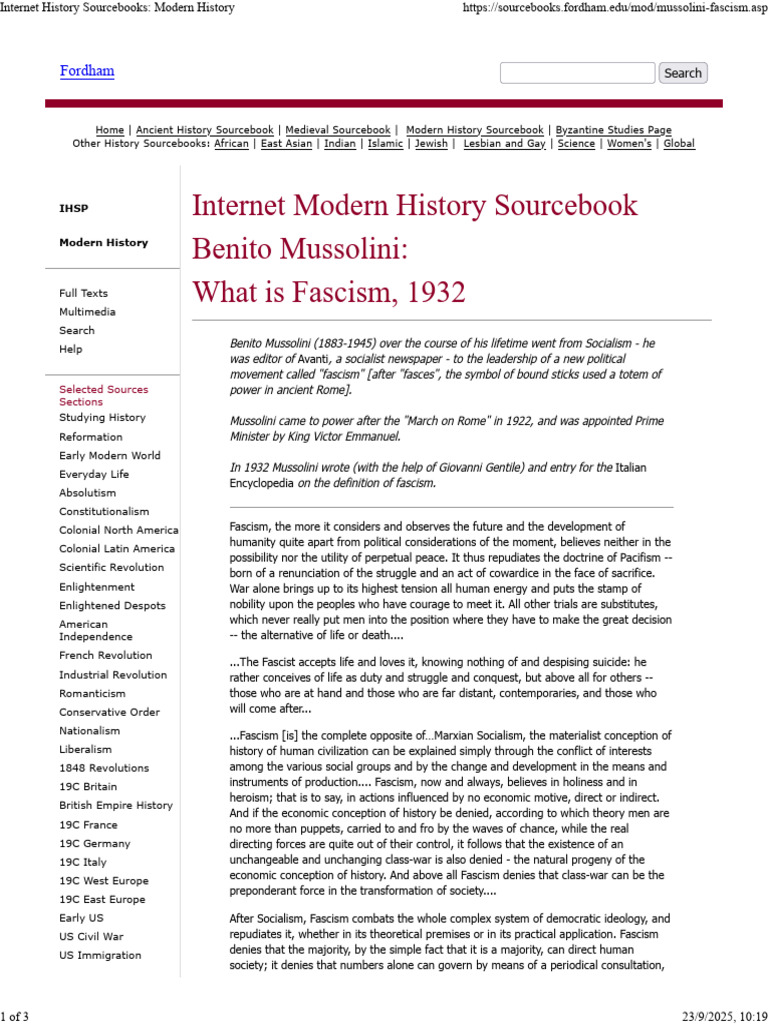 Mussolini's Definition of Fascism | PDF | Fascism | Benito Mussolini