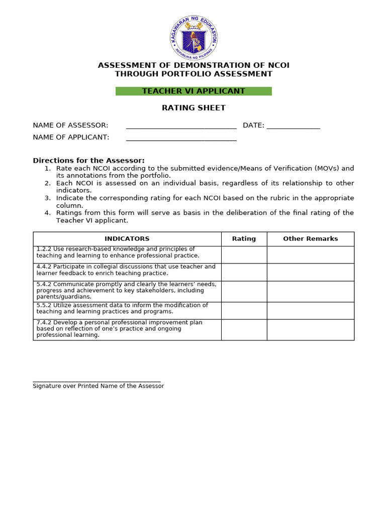 NCOI Rating Sheet Teacher VI Applicant | PDF