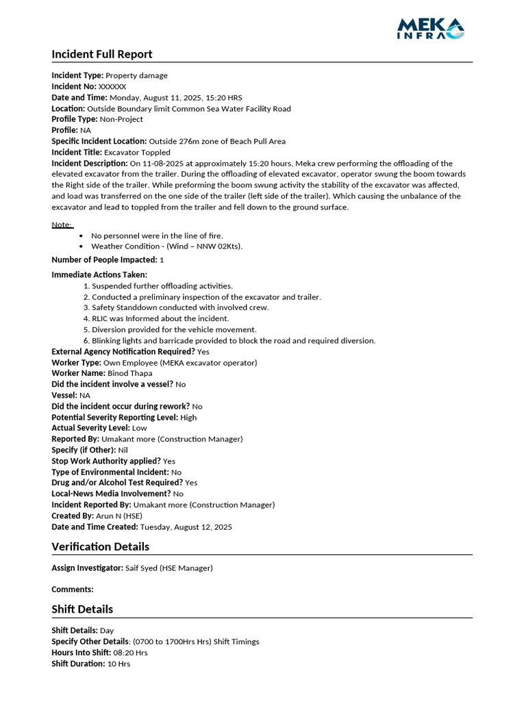 Excavator Toppling Incident Report | PDF | Risk