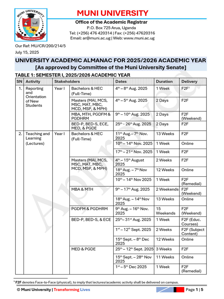 Muni University Academic Calendar 2025/26 | PDF | Master's Degree ...