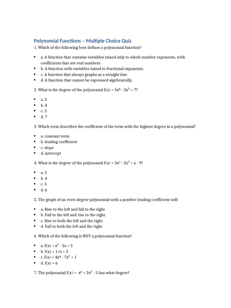 Polynomial Functions Quiz | PDF