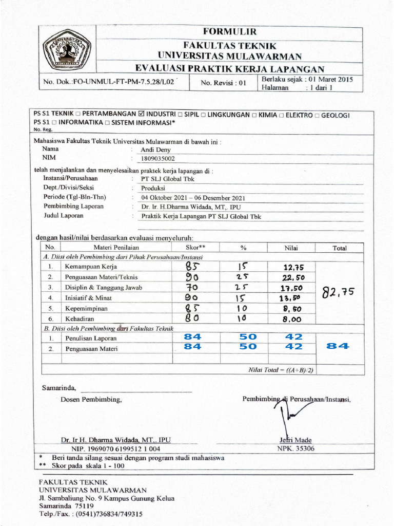 Form Penilaian Dari Perusahaan Andi Deny - 1809035002 | PDF