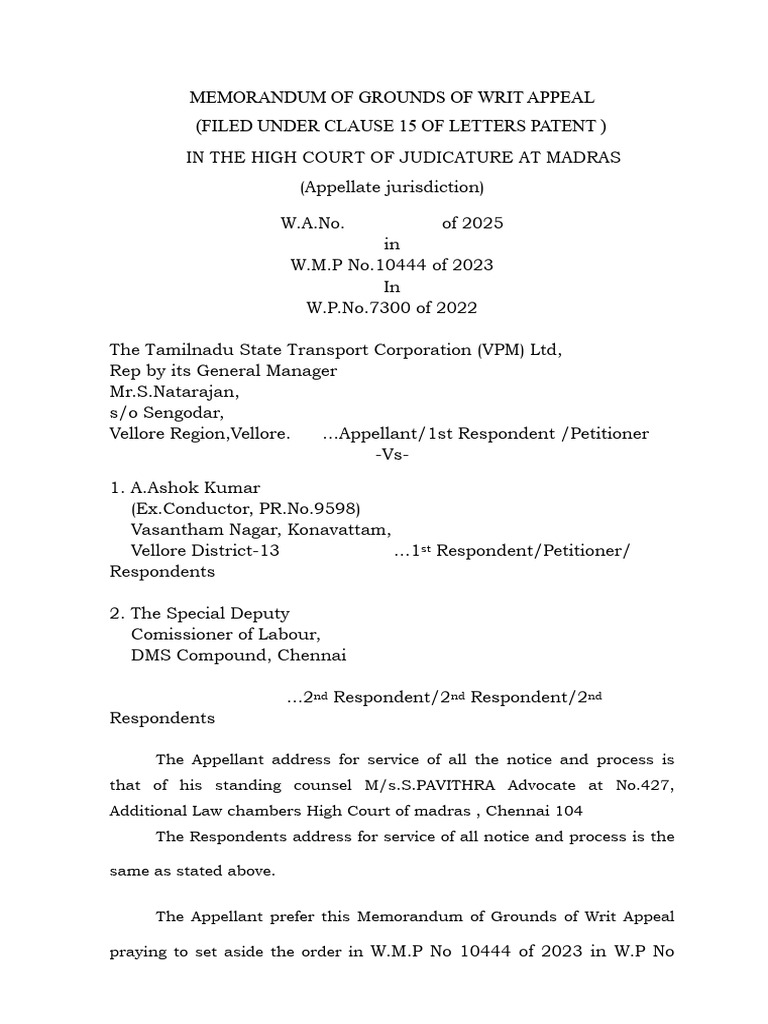 Writ Appeal Grounds in Madras High Court | PDF | Appeal | Justice