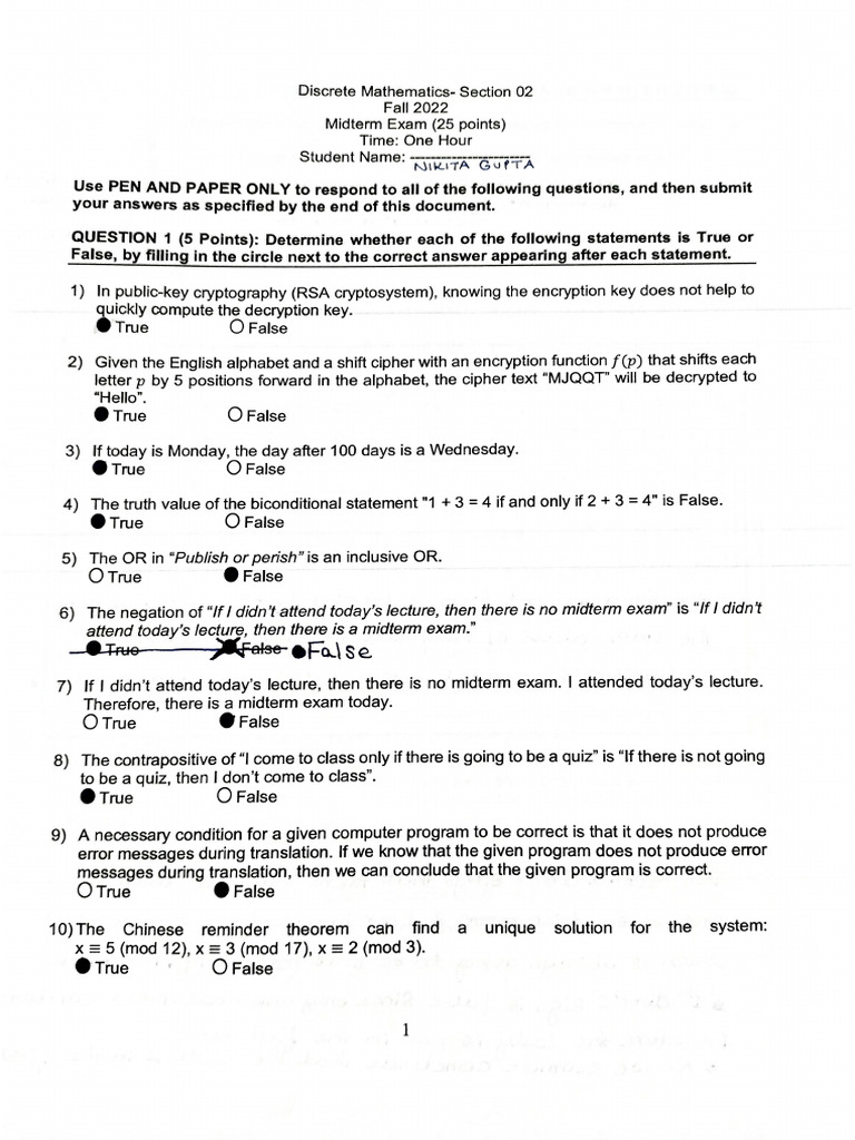 Nikita Gupta - Midterm Exam Answer Sheet | PDF