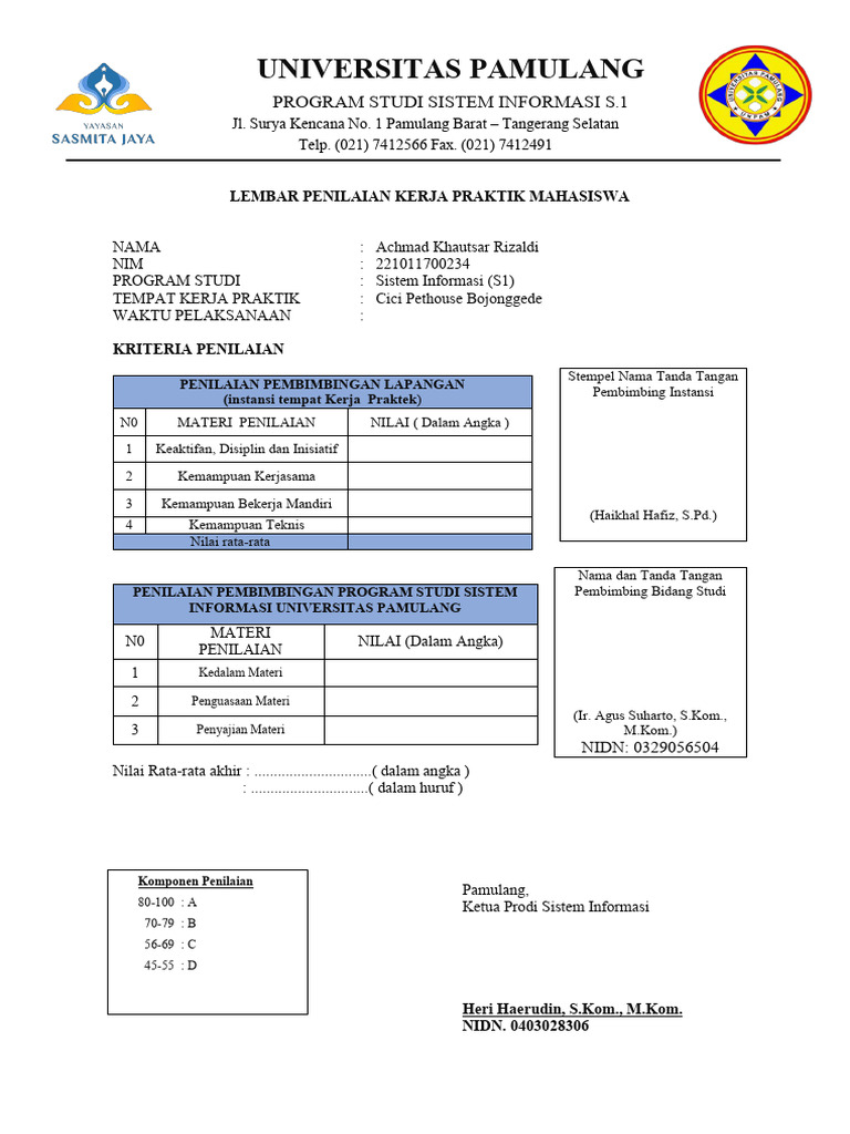 Lembar Penilaian Kerja Praktek Mahasiswa | PDF