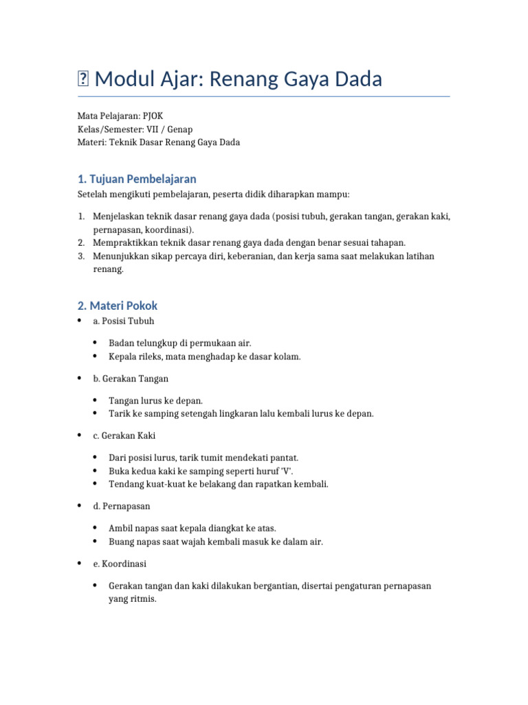 Teknik Dasar Renang Gaya Dada SMP | PDF