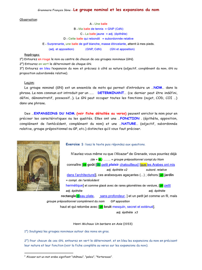 Expansions du groupe nominal en 3ème | PDF | Mécanique du langage ...