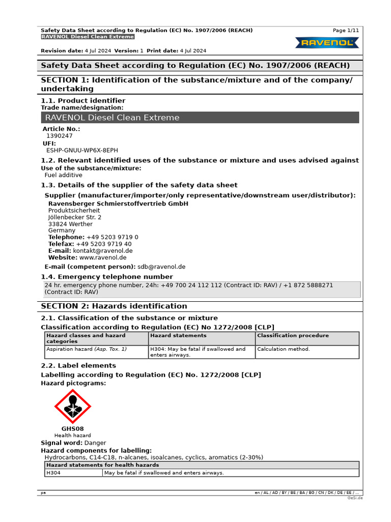 SDS RAVENOL Diesel Clean Extreme 1390247 en ALL | PDF | Combustion ...