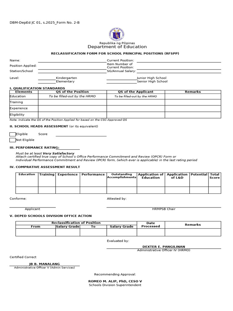Reclassification Form for School Principals | PDF | Educational Stages