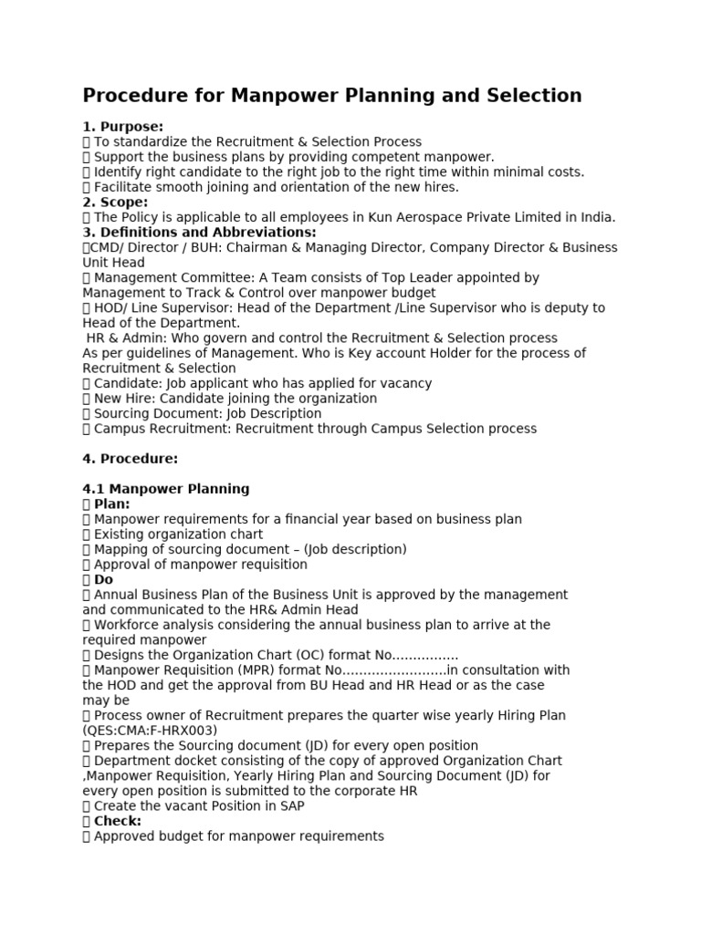 Manpower Planning & Selection Procedure | PDF | Recruitment | Human ...