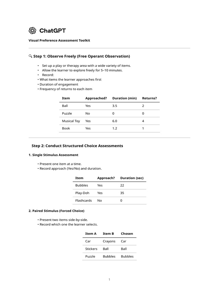 Visual Preference Assessment Toolkit | PDF | Reinforcement ...