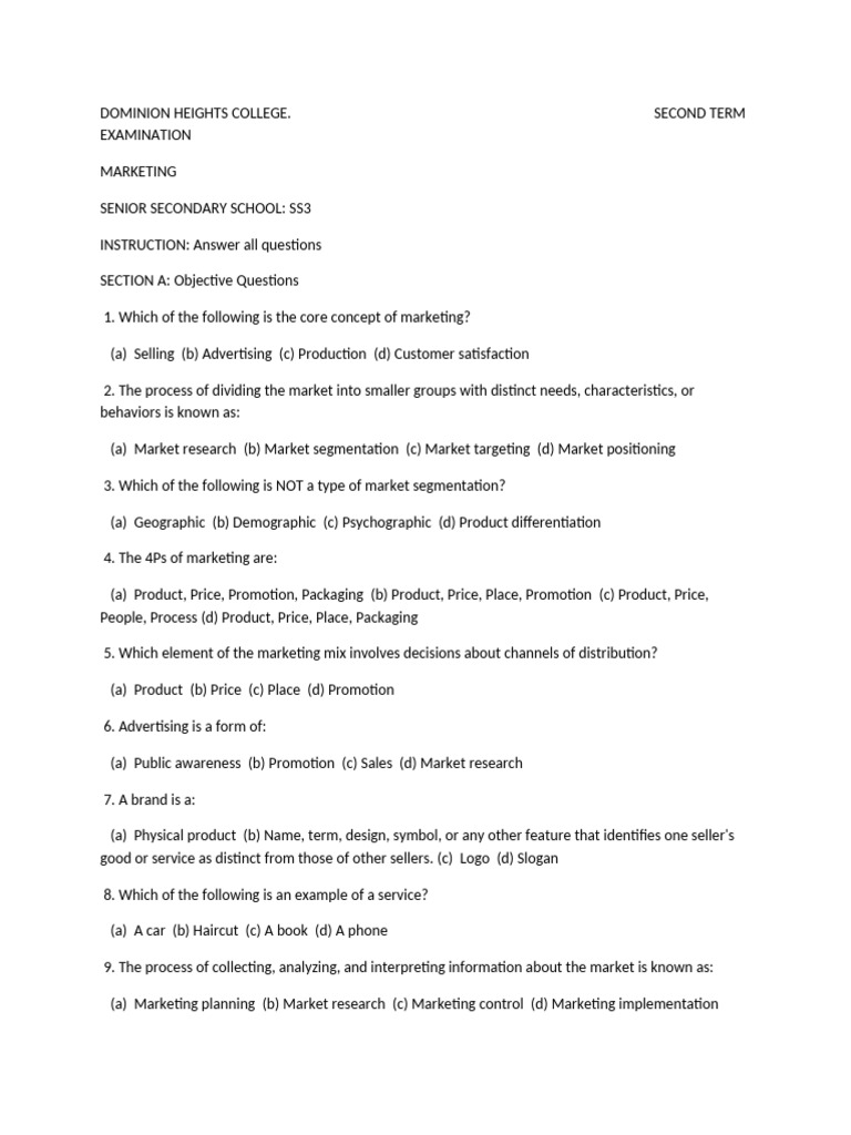 Second Term Marketing Exam Ss3 | PDF | Marketing | Pricing