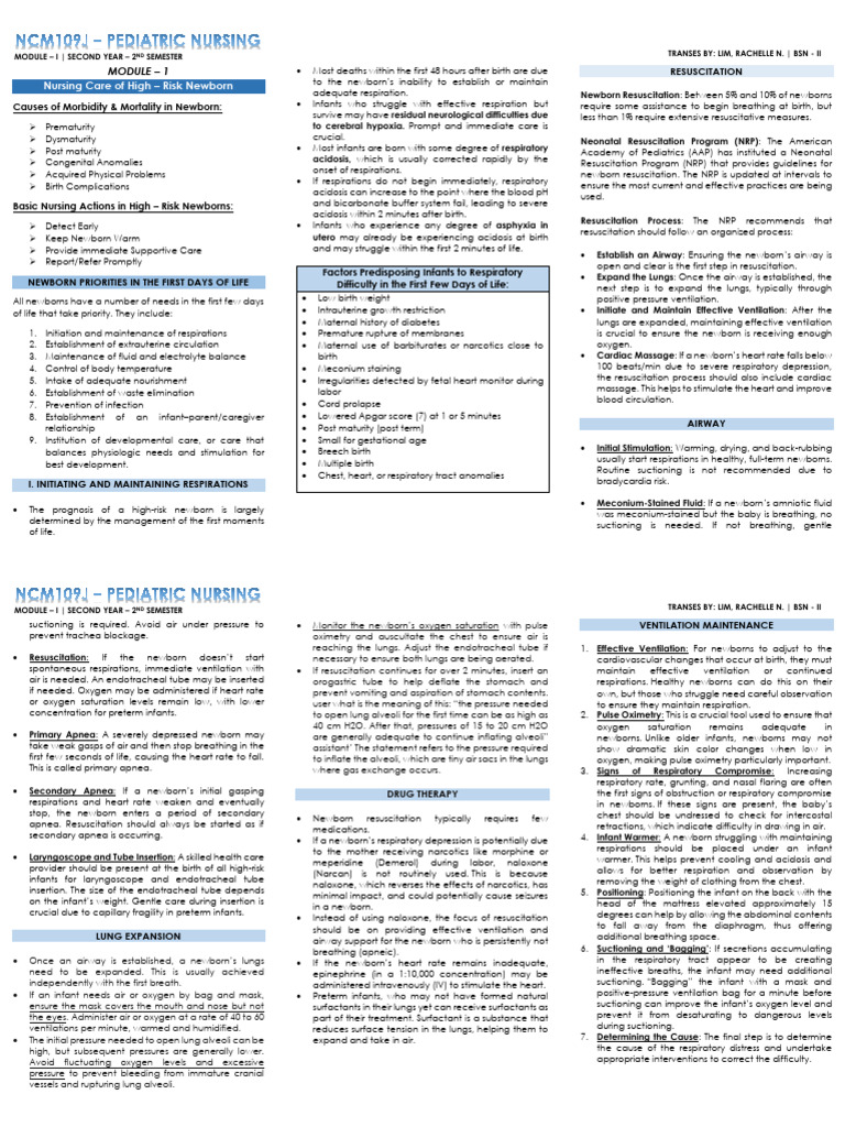 Mod 1 Pediatric Nursing Transes | PDF | Respiratory System | Neonatal Intensive Care Unit