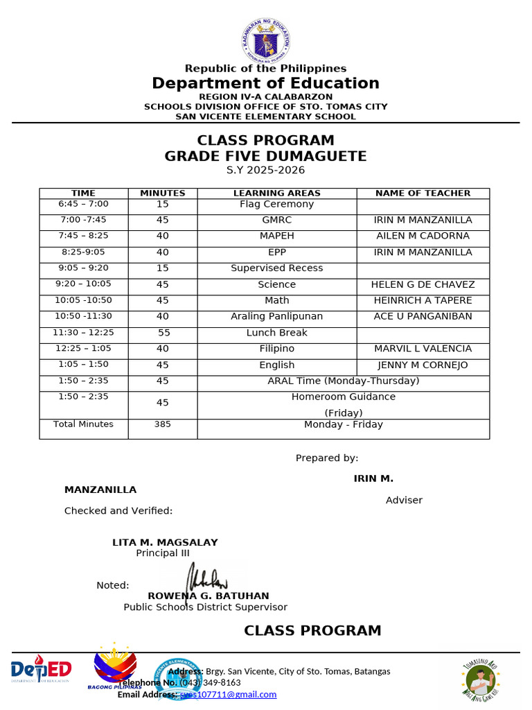 Grade Five Class Program 2025-2026 | PDF | Educational Organizations ...