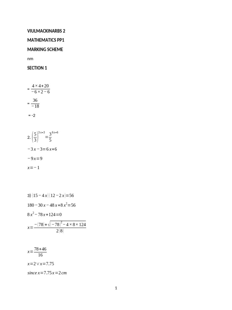 Mathematics Marking Scheme PP1 | PDF