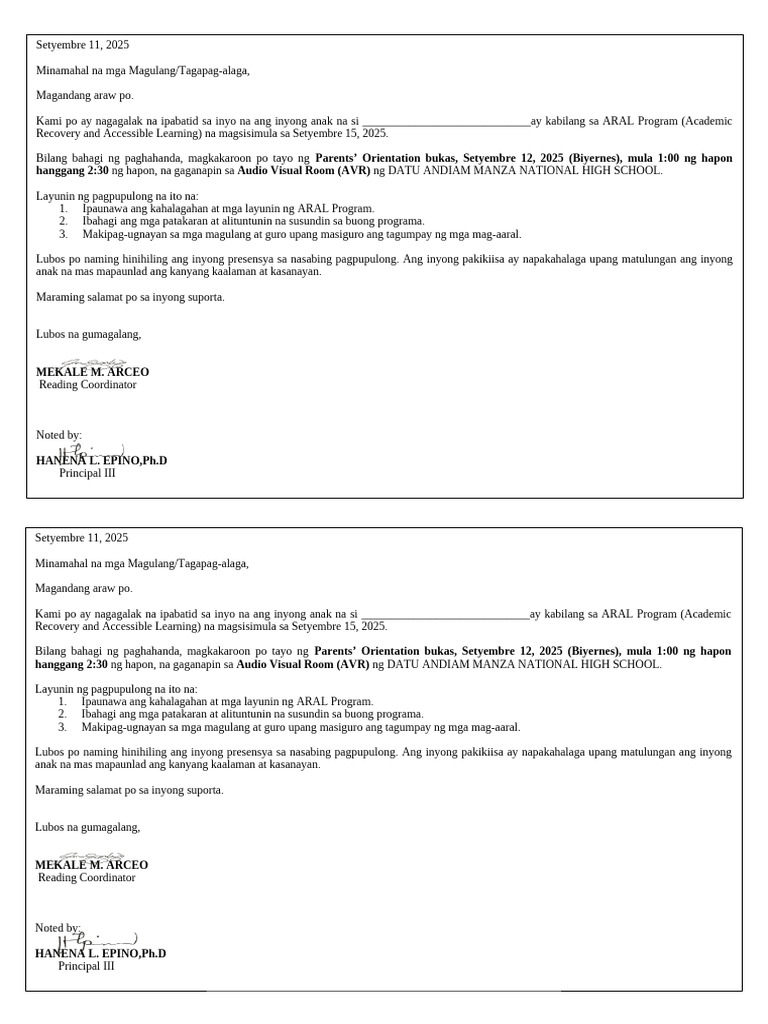 Parents' Orientation Letter | PDF