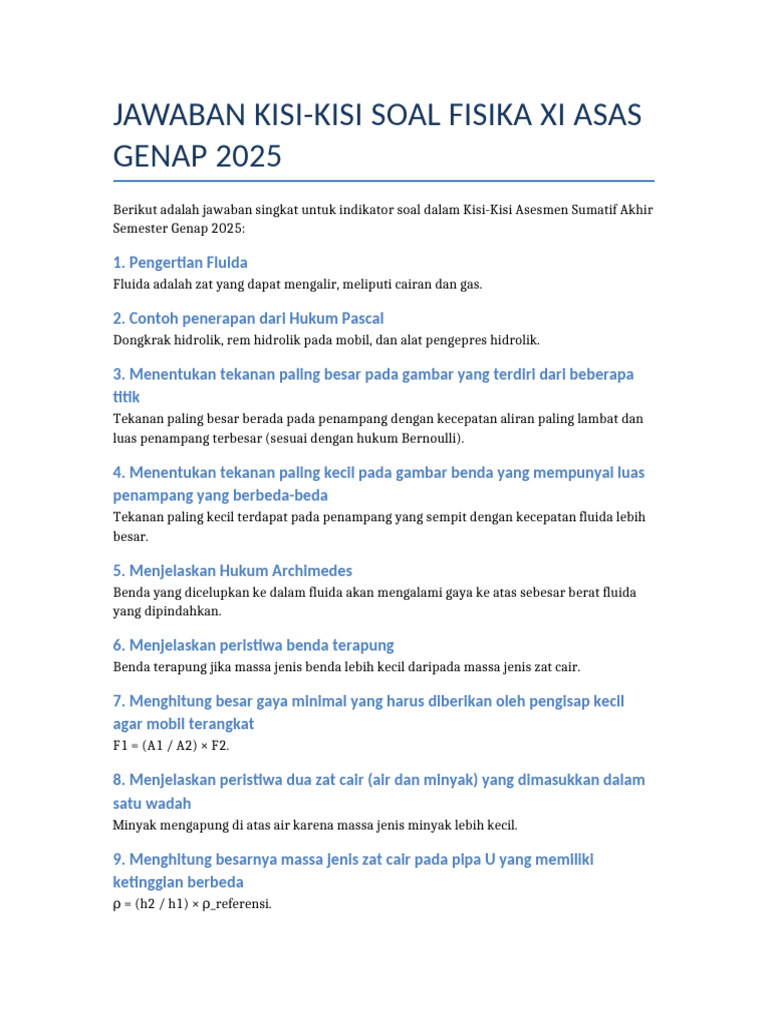Jawaban Kisi Kisi Fisika XI 2025 | PDF