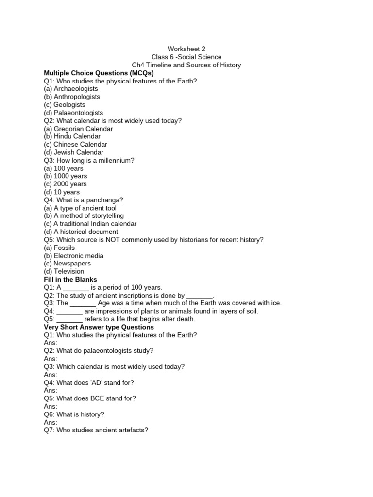 Worksheet 2 Ch4 Timeline Class 6 | PDF