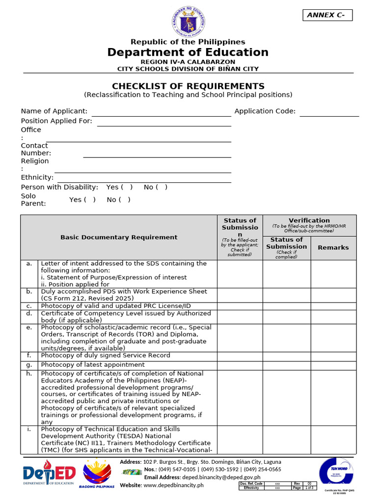 Checklist of Requirements & Omnibus Sworn Statement - Reclassification To Teaching and Principal ...
