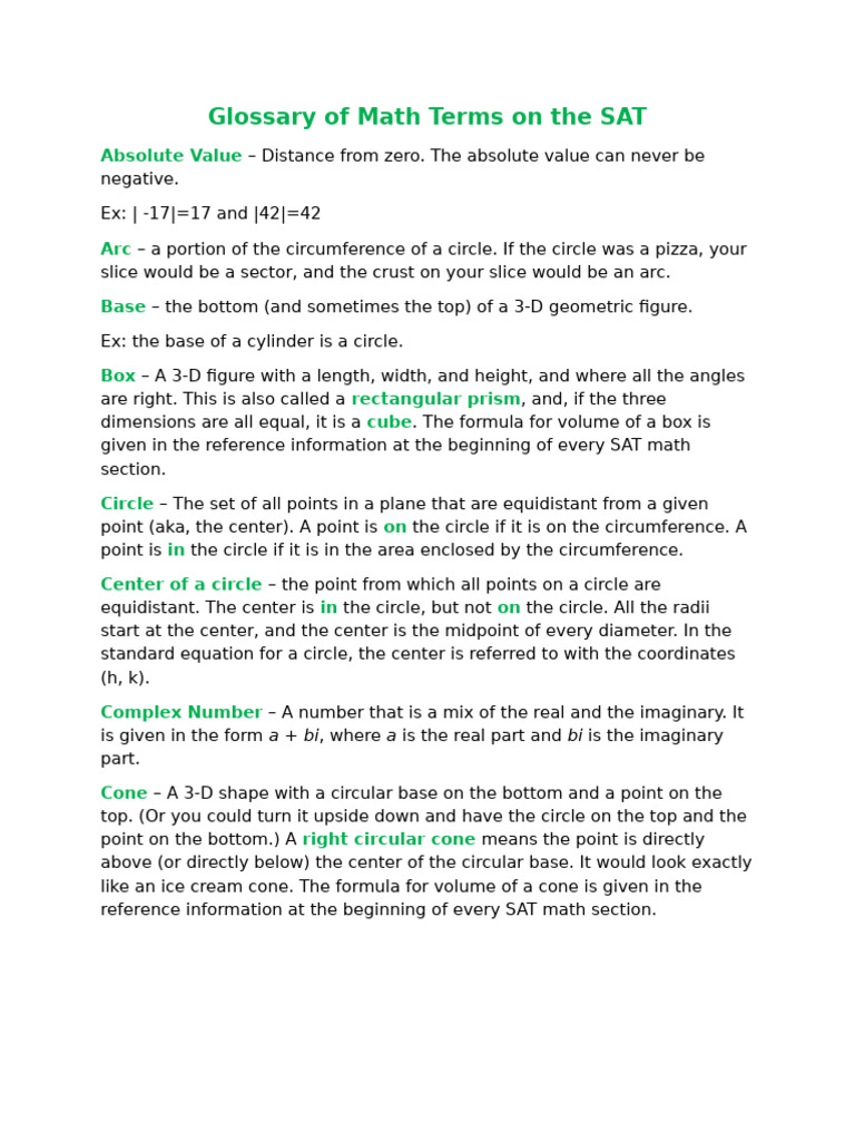 Glossary of Math Terms On The SAT | PDF