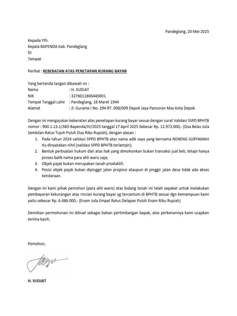 Keberatan Kurang Bayar BPHTB Pandeglang | PDF