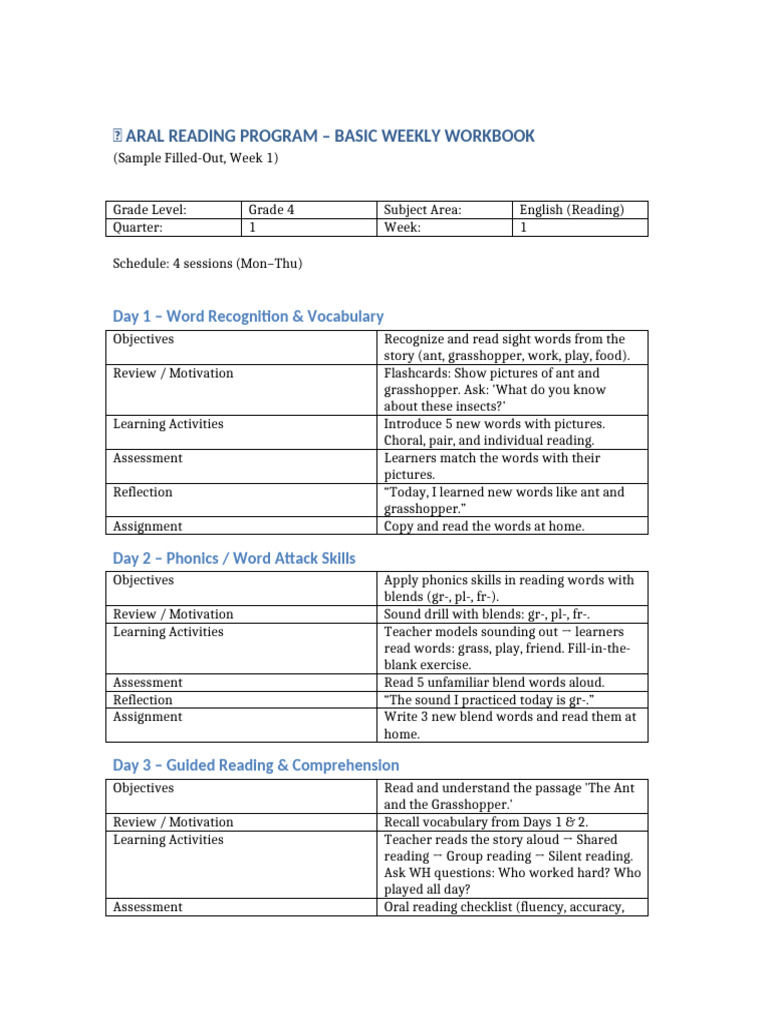 ARAL Reading Program Workbook Week1 Sample | PDF | Reading ...