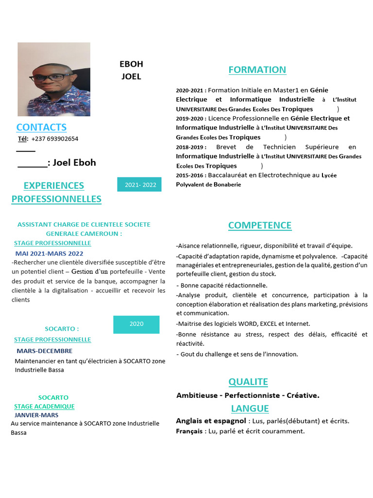 CV de Joel Eboh - Assistant Clientèle | PDF | Informatique | Informatique