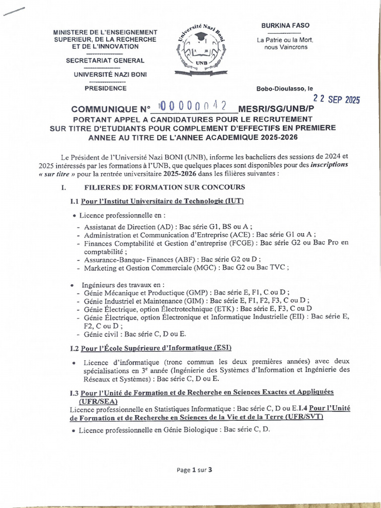 Communiqué Recrutement Sur Titre L1 2025-2026 | PDF