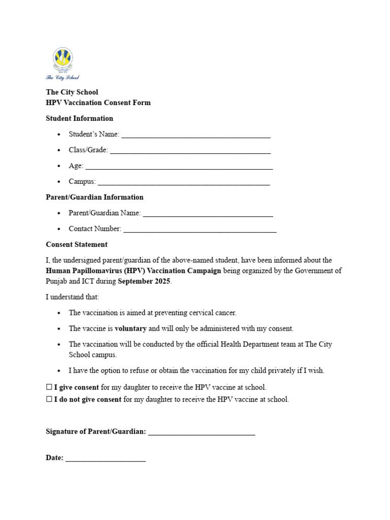 HPV Vaccination Consent Form for Students | PDF