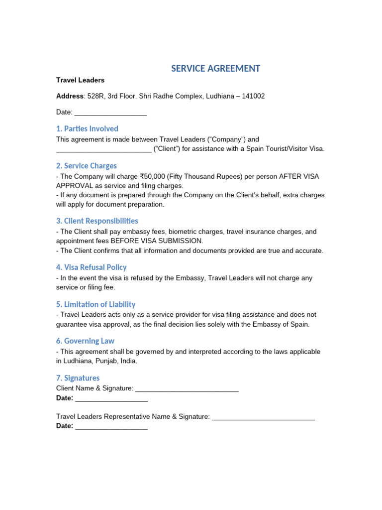 Spain Tourist Visa Agreement Travel Leaders | PDF