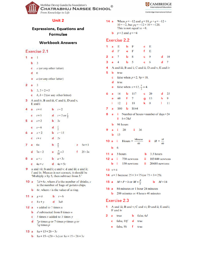 Workbook Answers for Unit 2 Math | PDF